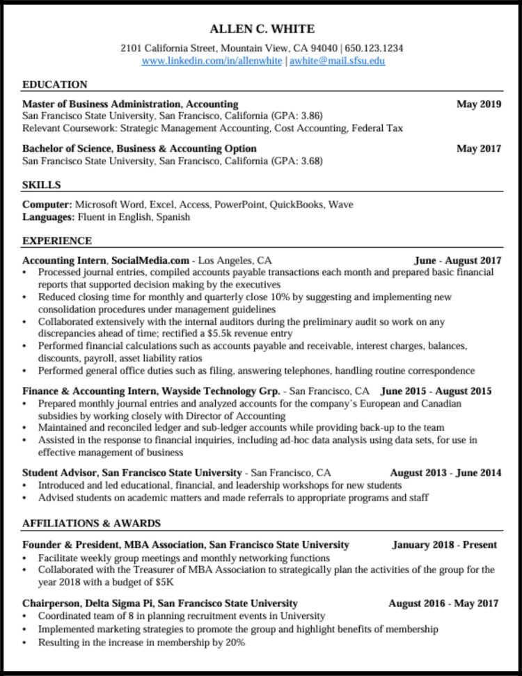 Entry Level Graduate Resume Sample | Lam Family College of Business